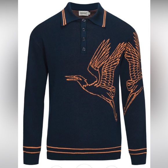 OXKnit | Sweaters | Mens Navy Flying Crane Art Jacquard Knitted Polo ...